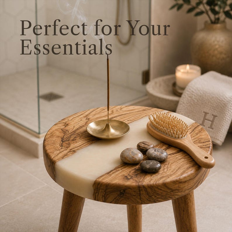 Olive Wood Bathroom Side Table - Luxury Spa Stool With Resin Inlay ...