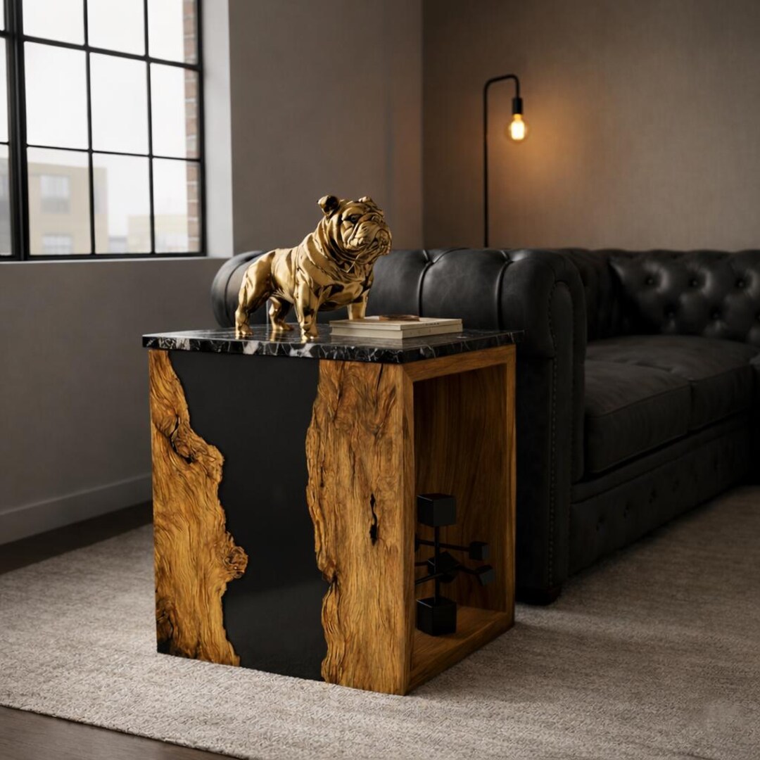 Handmade Olive Wood End Table | Luxury Marble Top, Resin Inlay - Etsy