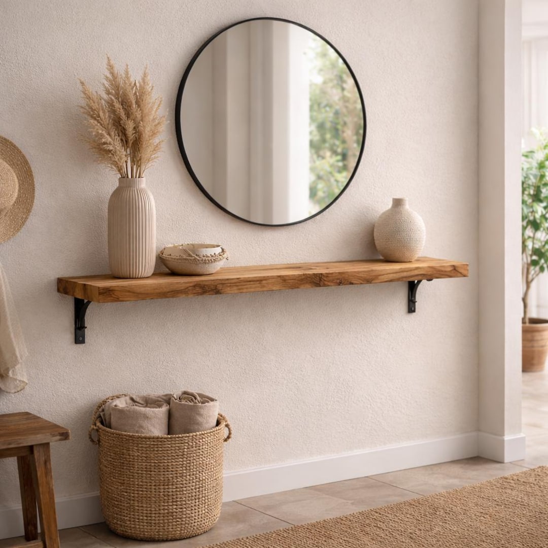 Olive Wood Floating Shelf - Live Edge Solid Wood Wall Shelf With ...