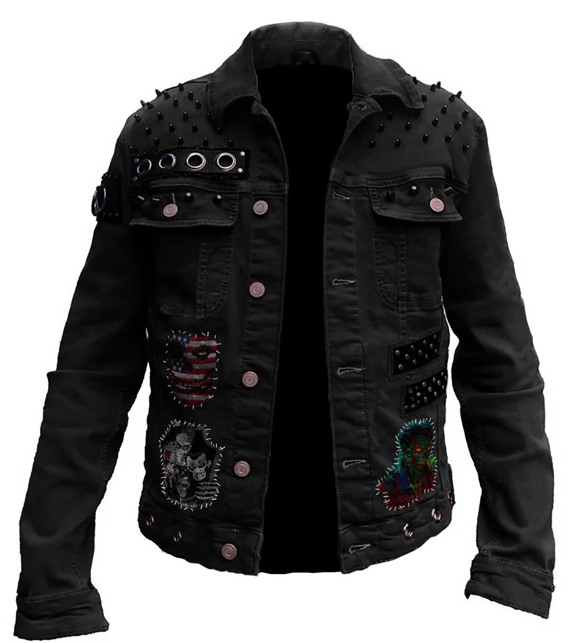 Demon Gaze Spiked Jeans Jacket, Denim Gothic Punk Chaos With Horned ...