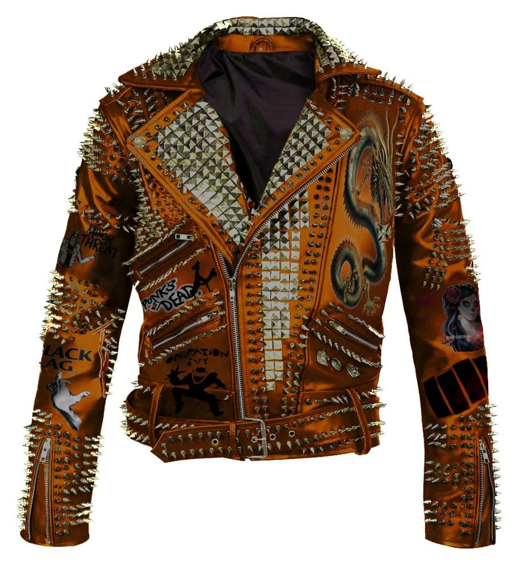 Custom Spiked Leather Jacket With Punk Band Patches, Dragon Graphics ...