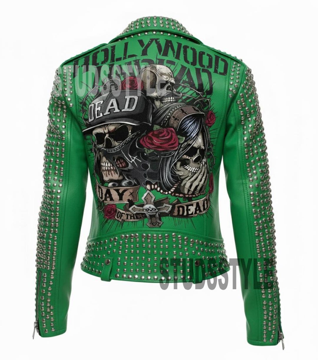 Radiance Grid Venom Leaf Women’s Green Leather Jacket With Studwork and ...