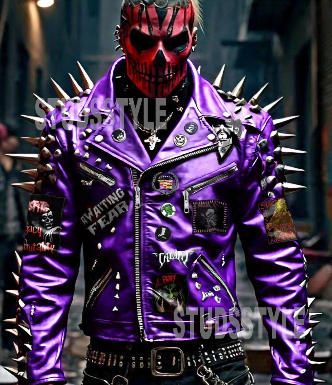 Summon the Fear Cult Skin Men’s Purple Leather Jacket With Spikes and ...