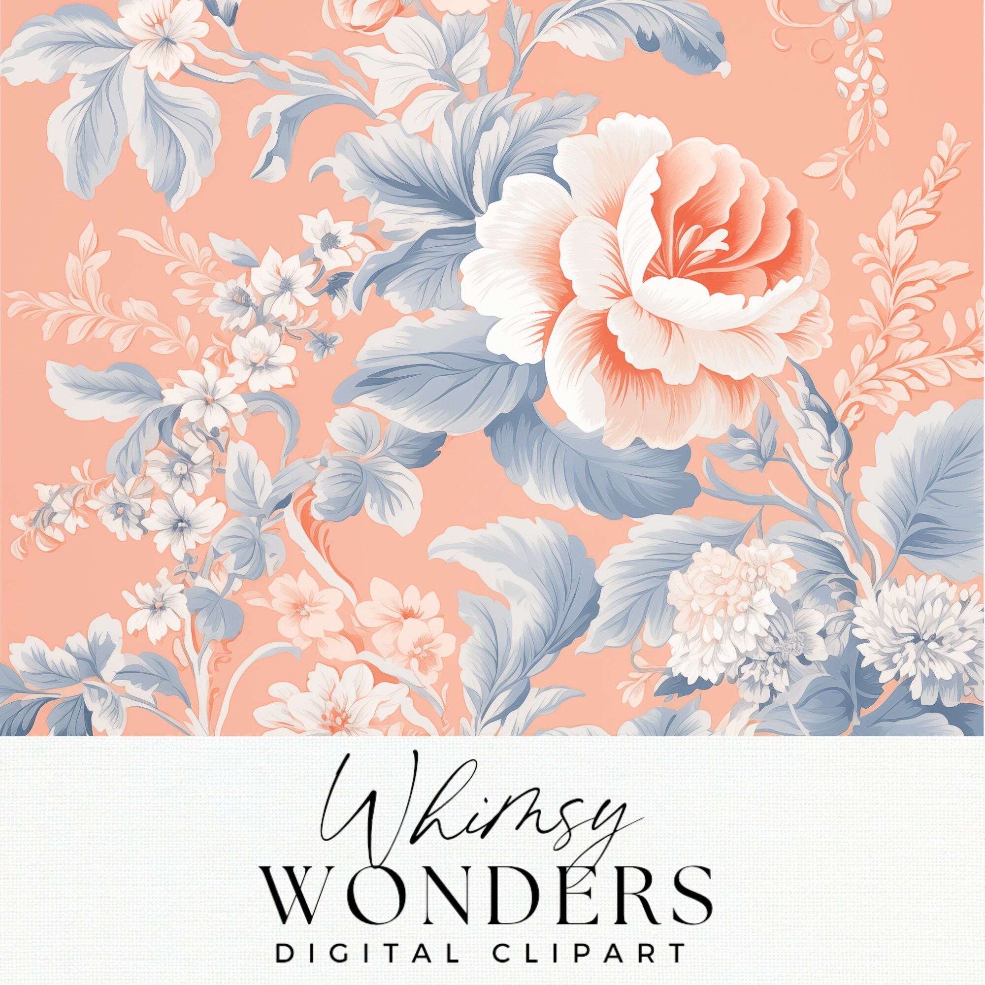 Blue & Peach Toile Digital Paper Instant Download Toile De Jouy Digital ...