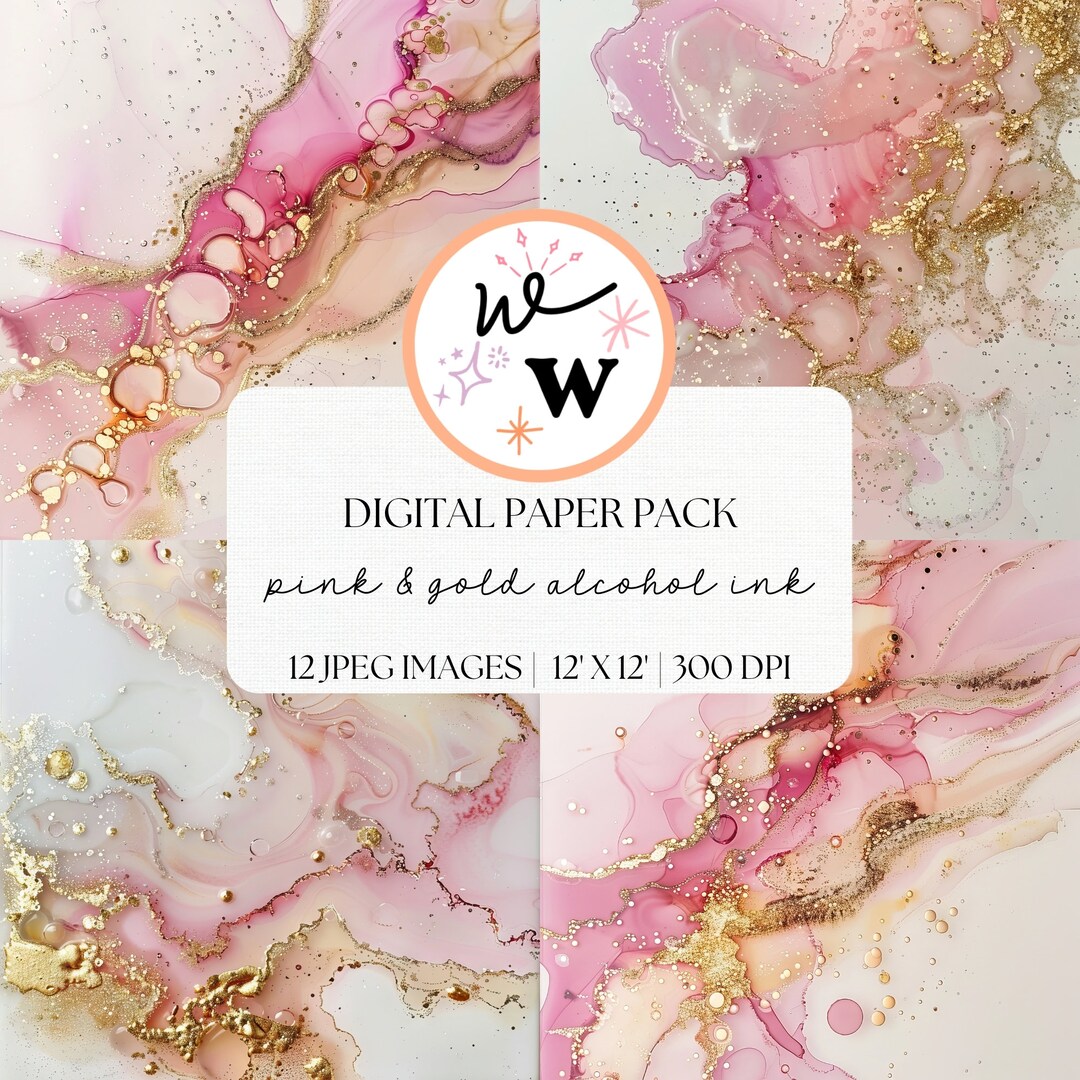 Pink and Gold Alcohol Ink Digital Paper | Pink Watercolor Backgrounds ...
