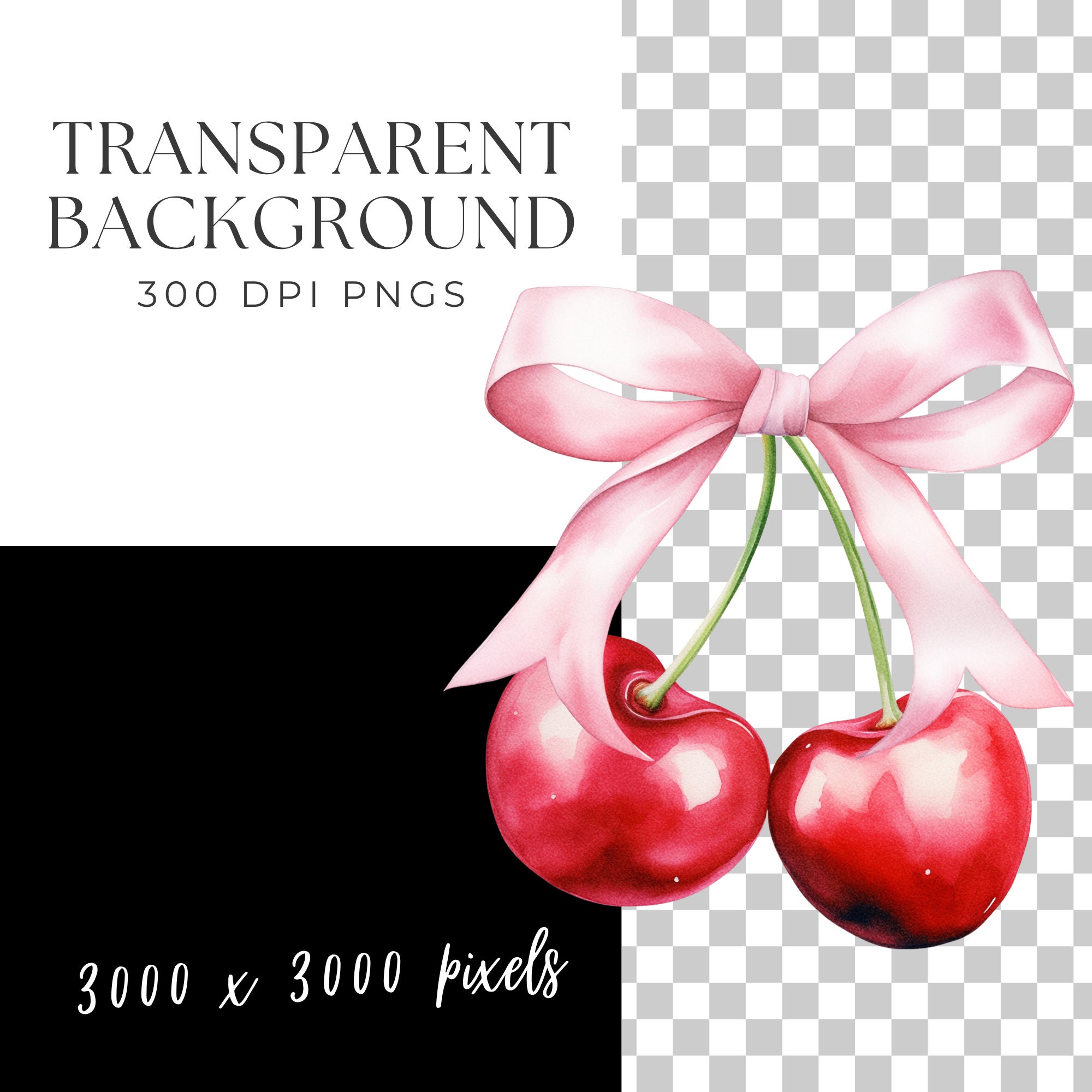 Coquette Bow Clipart | Cherry Bow PNG | Watercolor Pink Ribbon ...