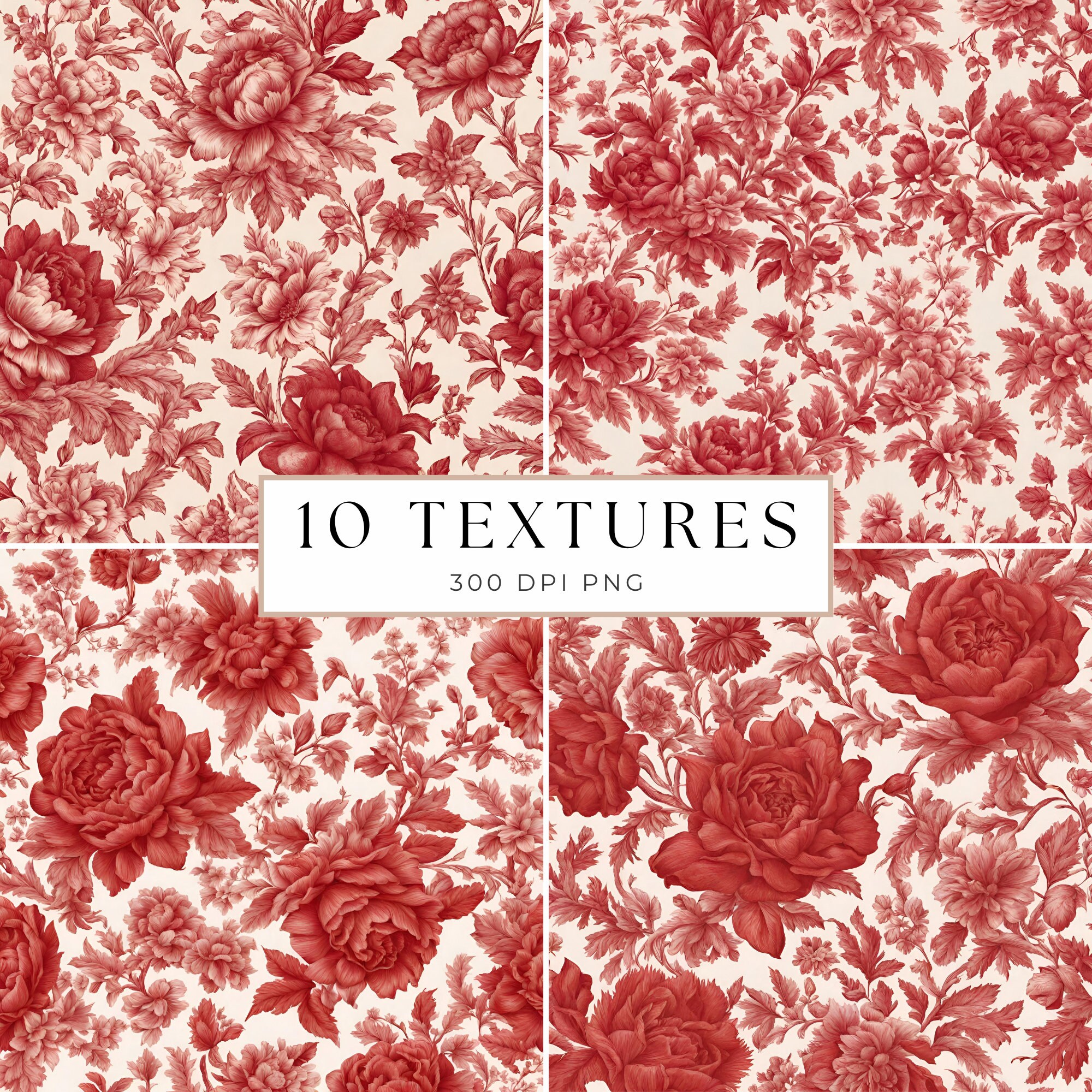 Red Toile Digital Paper Floral Printable Paper Set Download Backgrounds ...