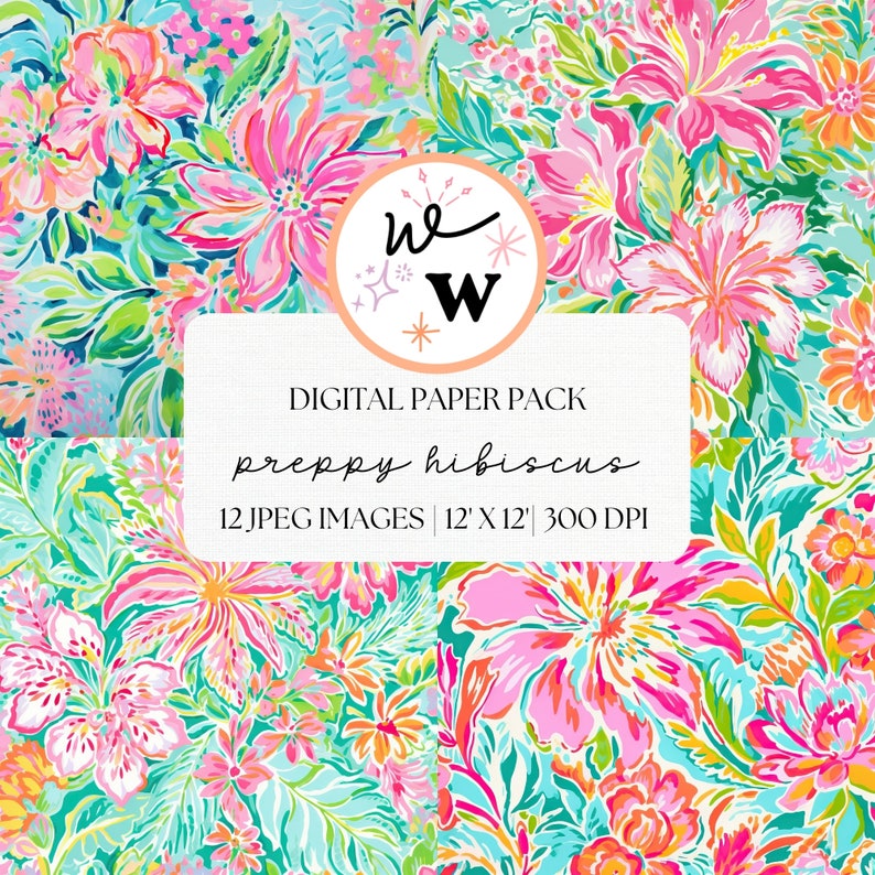 Preppy Flower Digital Paper Printable Scrapbook Paper Vibrant Hibiscus ...