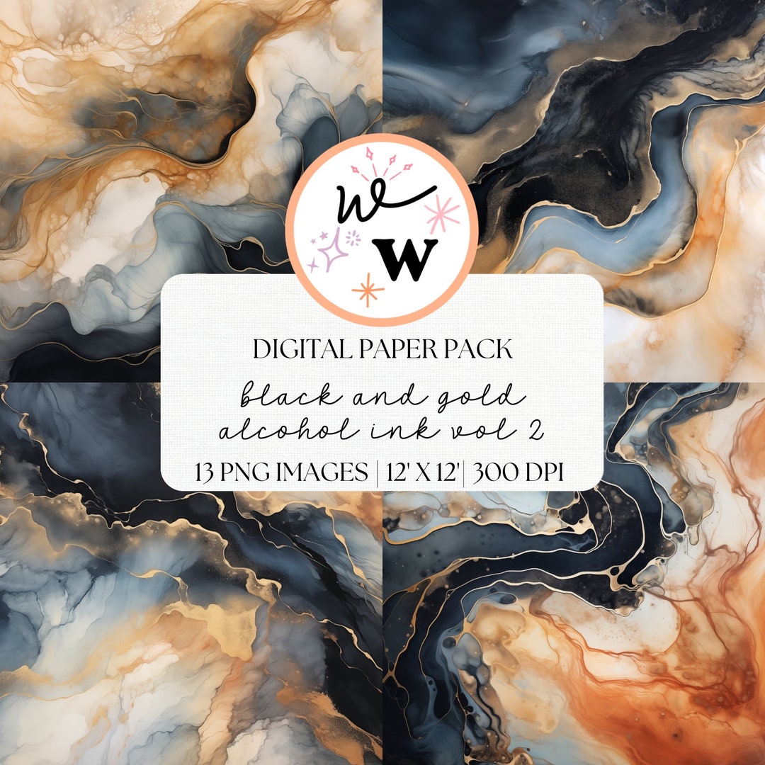 Black and Gold Alcohol Ink Digital Paper | Watercolor Scrapbooking ...