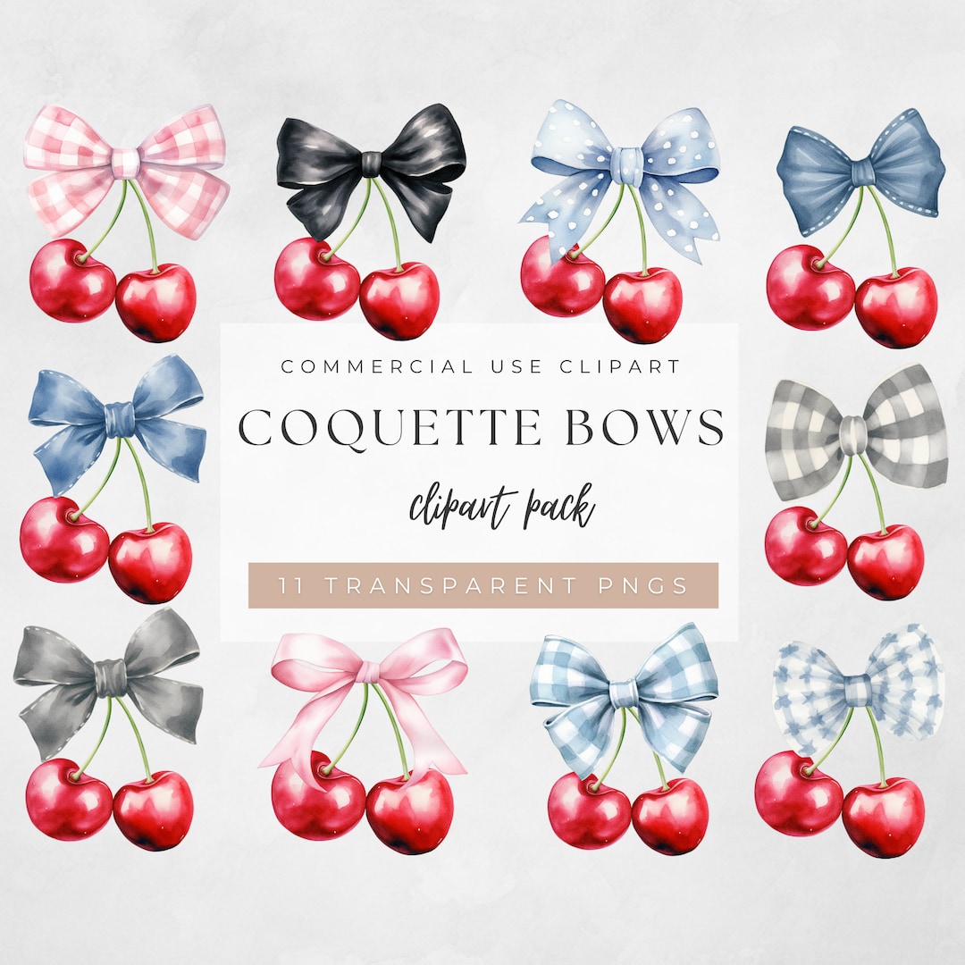 Coquette Bow Clipart | Cherry Bow PNG | Watercolor Pink Ribbon ...