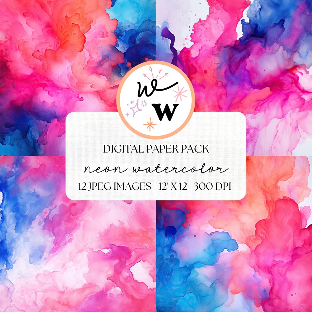 Neon Watercolor Digital Paper Pack | Bright Pink Purple Blue Digital ...