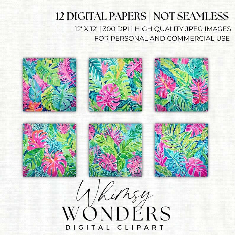 Preppy Tropical Leaves Digital Paper Tropical Greenery and Botanicals ...