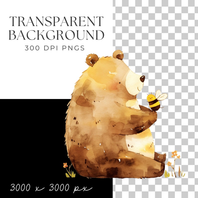 Honey Bee Bear Clipart Cute Bear and Bumble Bee PNG Watercolor Bee ...