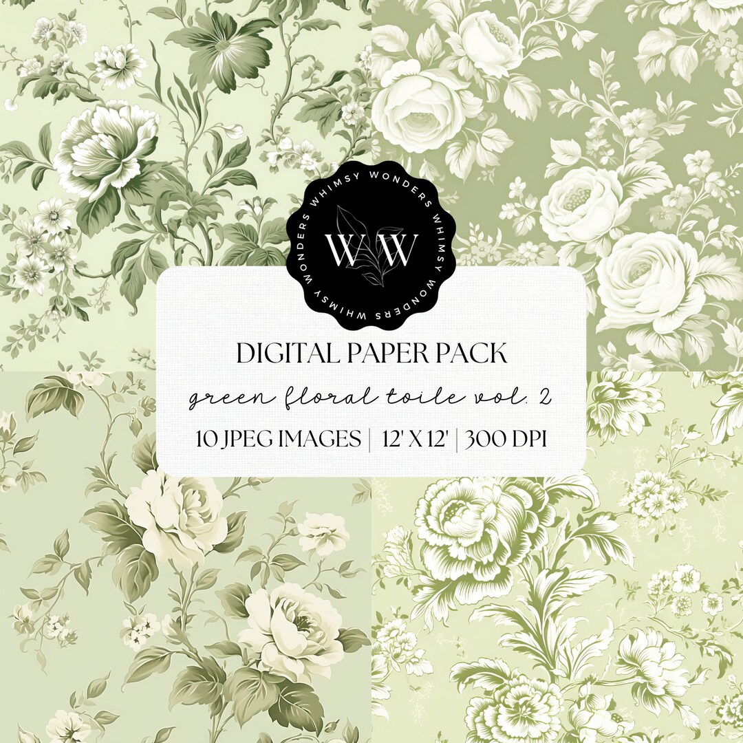 Green Toile Digital Paper| Commercial Use | Sage Toile De Jouy Digital ...