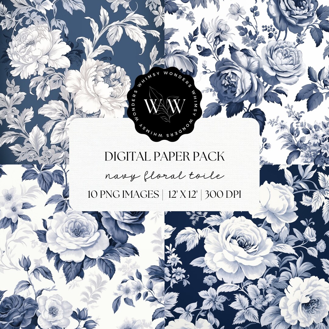 Blue Toile Digital Paper| Blue Floral Background | Toile De Jouy ...