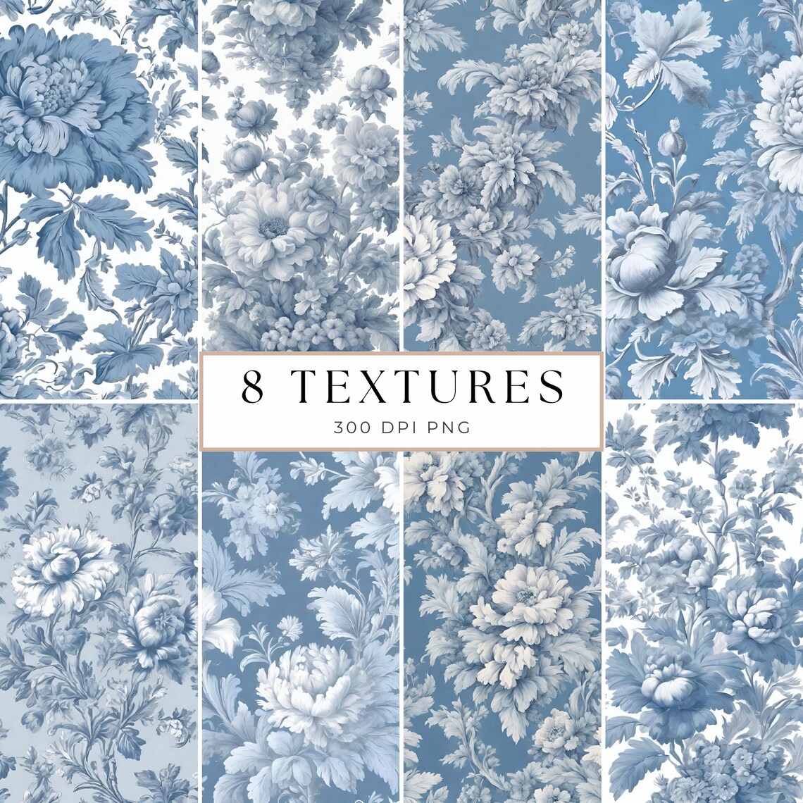 Blue Toile Digital Paper Floral Printable Paper Set Download ...