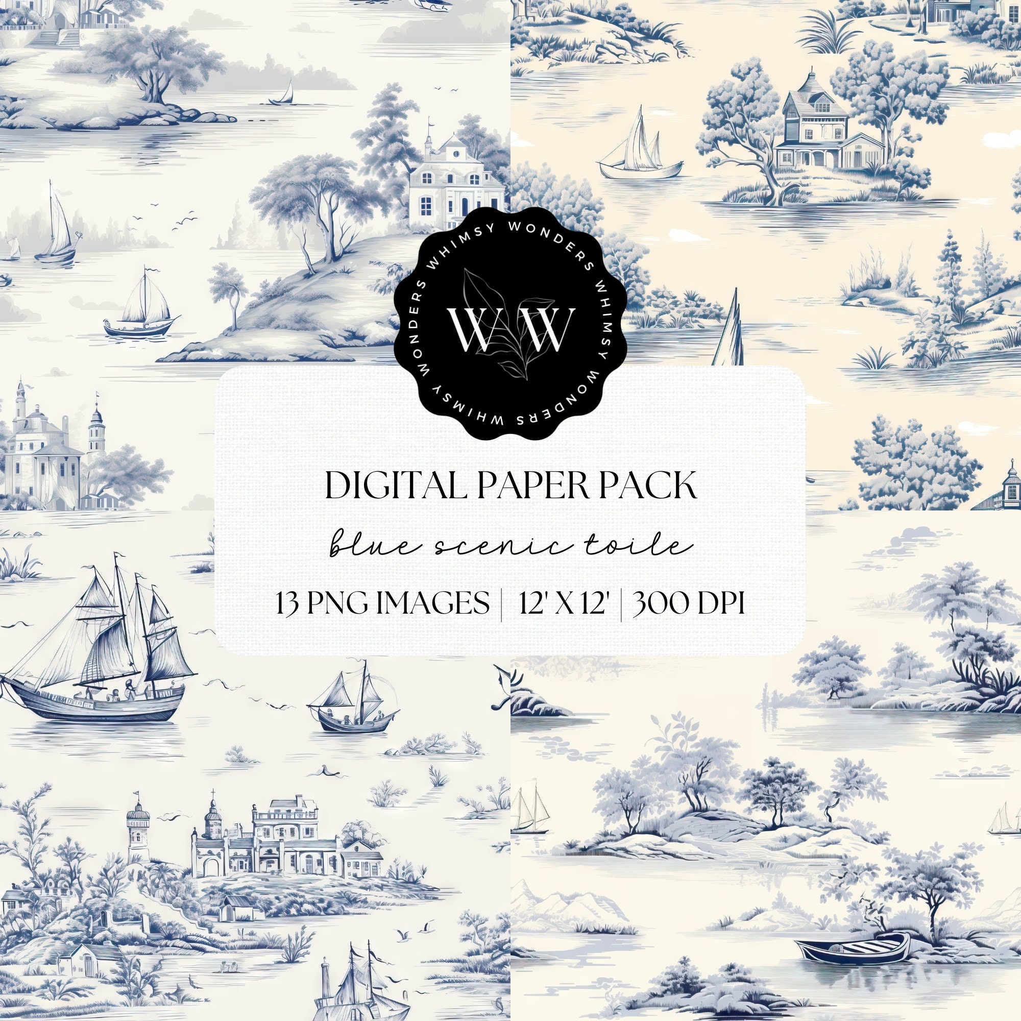 Blue Toile De Jouy Digital Paper | Blue Scenic Printable Paper ...