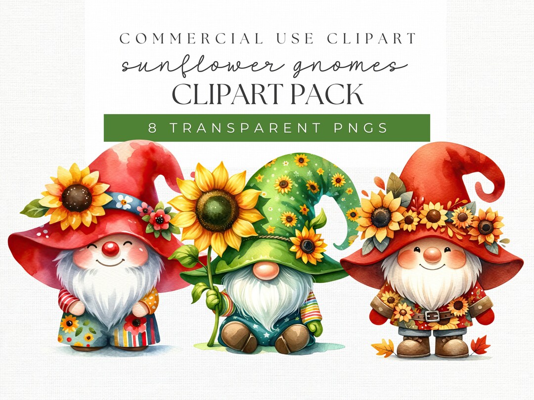 Sunflower Gnome Clipart Bundle | Cute Watercolor Gnome Clipart Bundle ...
