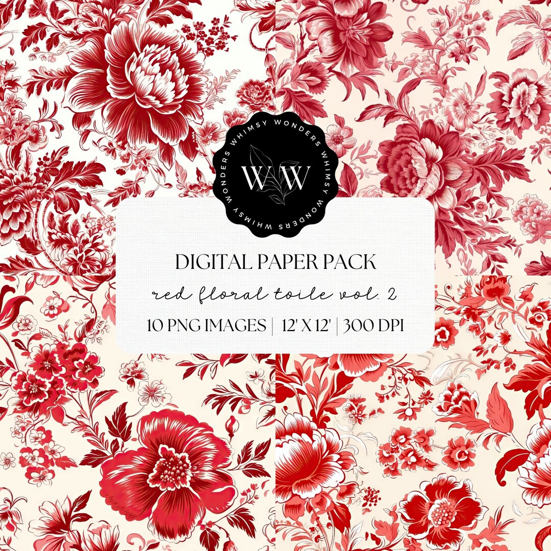 Red Toile Digital Paper | Floral Printable Paper Set Download |floral ...