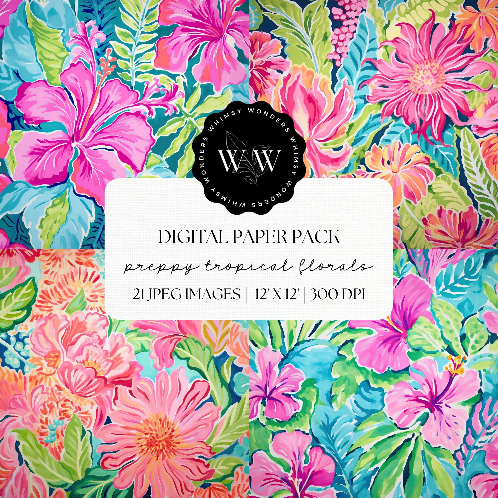 Preppy Flowers Digital Paper Preppy Spring Flowers Tropical Floral ...