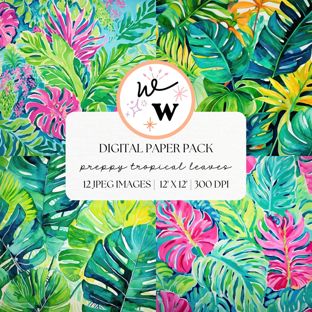 Tropical Leaves Digital Paper | Green Pink Botanical Patterns (digital ...