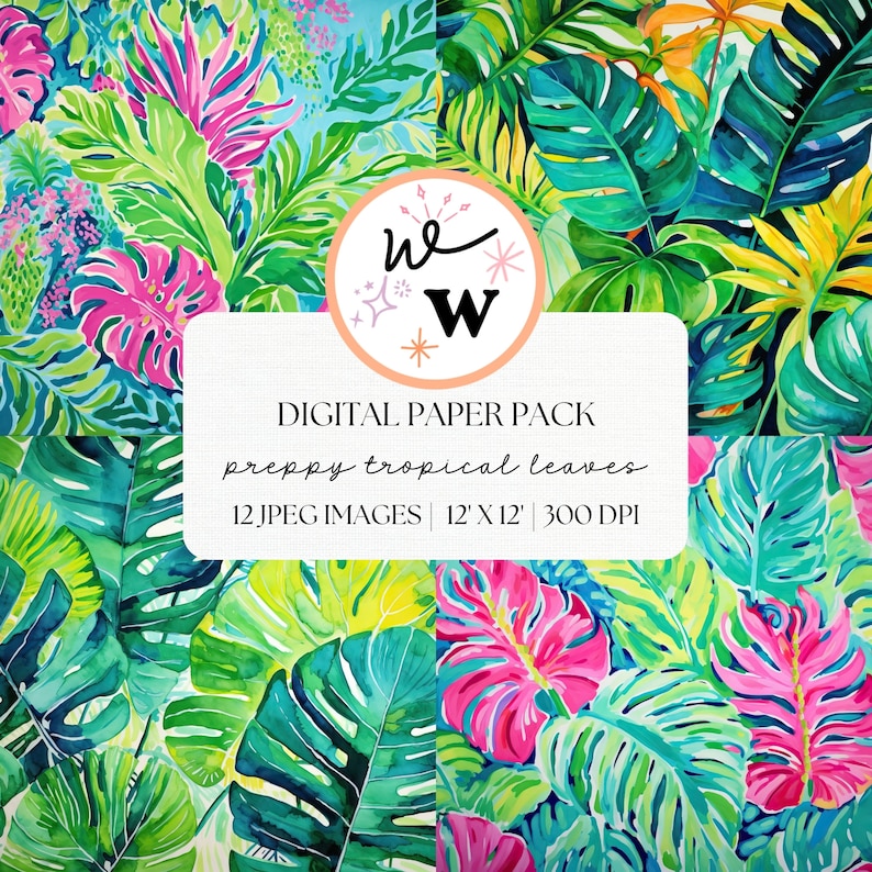 Preppy Tropical Leaves Digital Paper Tropical Greenery and Botanicals ...