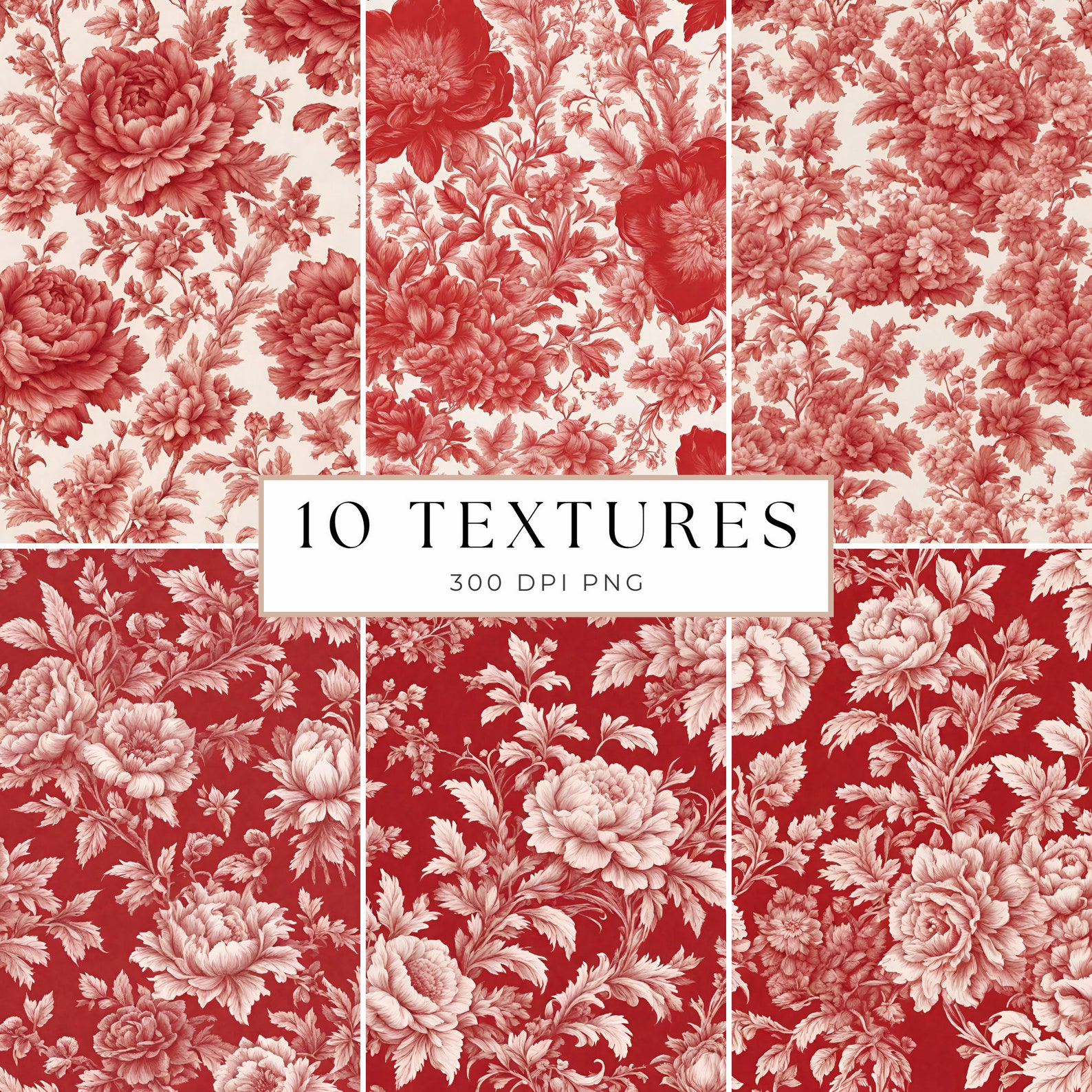 Red Toile Digital Paper Floral Printable Paper Set Download Backgrounds ...