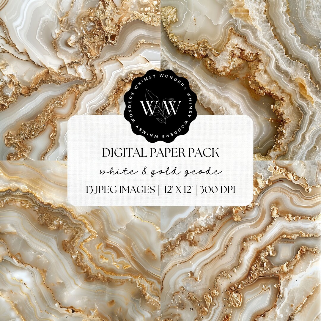 White Gold Geode Digital Paper | Crystal Agate Print | Stone Texture ...