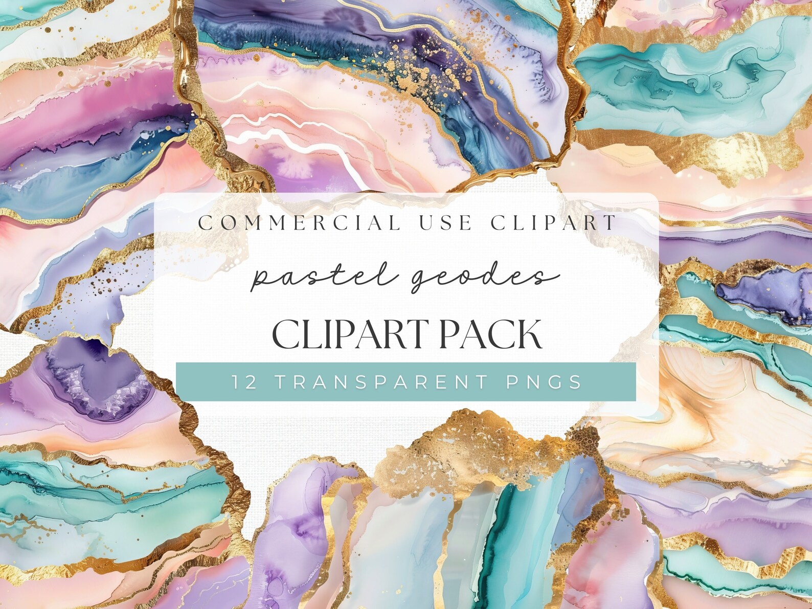 Pastel Geode Clipart | Watercolor Agate Shapes, Gold Glitter (PNG ...