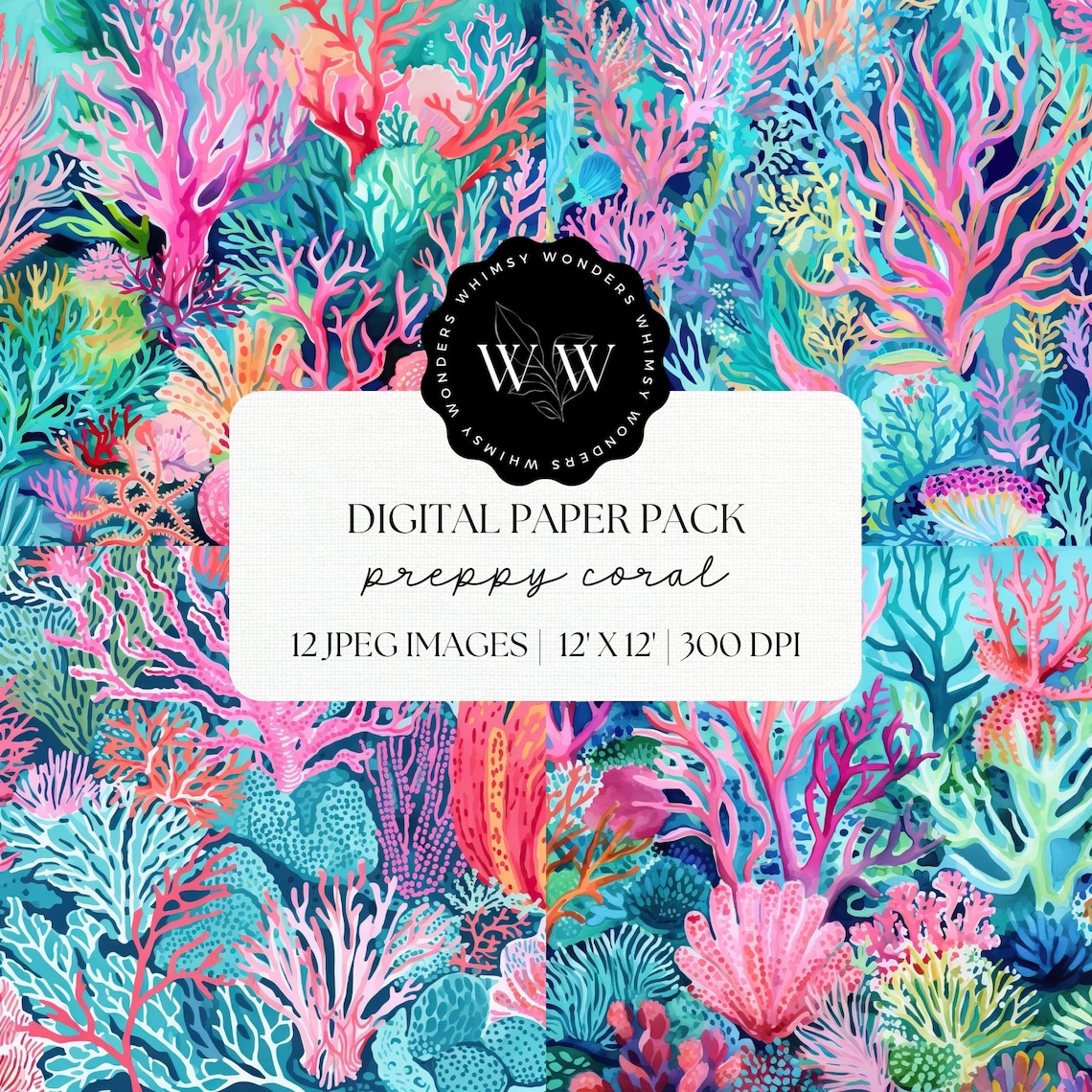 Preppy Coral Digital Paper | Preppy Ocean Pattern | Tropical Beach ...