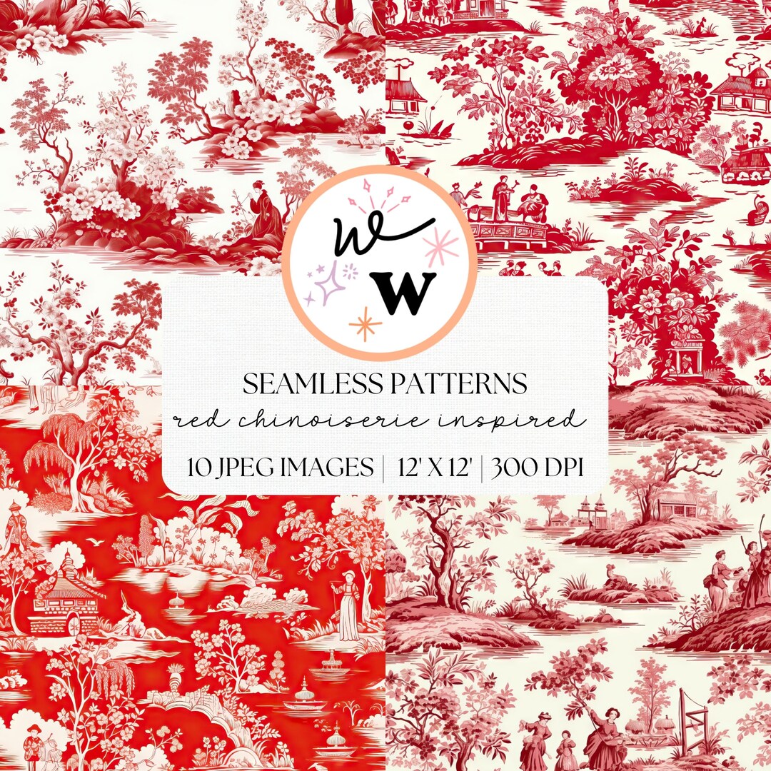 Red Toile De Jouy Seamless Pattern | Chinoiserie Digital Paper ...