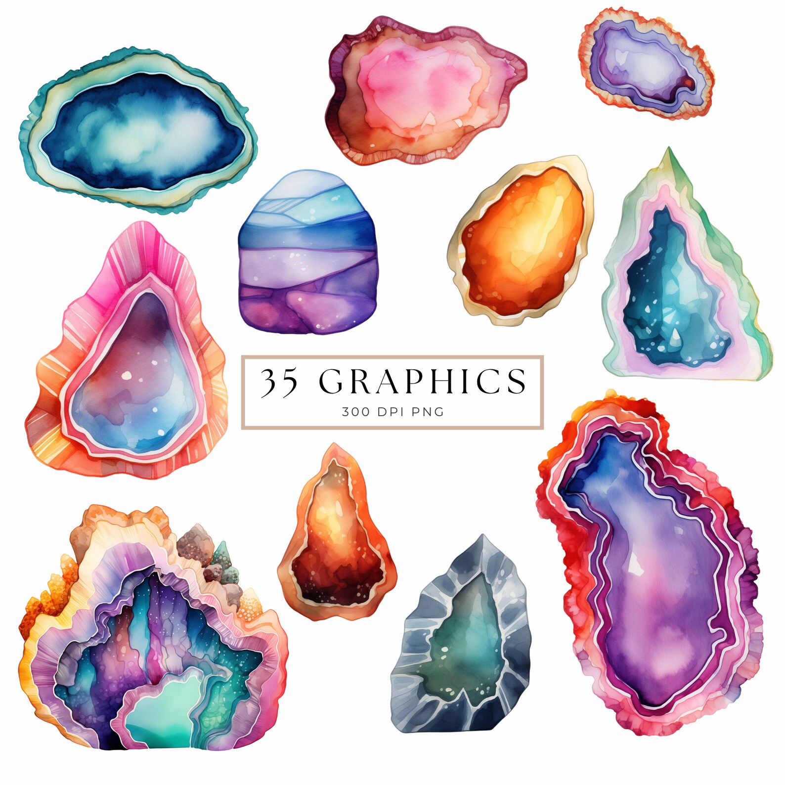 Watercolor Rainbow Geode Clipart Pack Commercial Use PNG Agate Digital ...