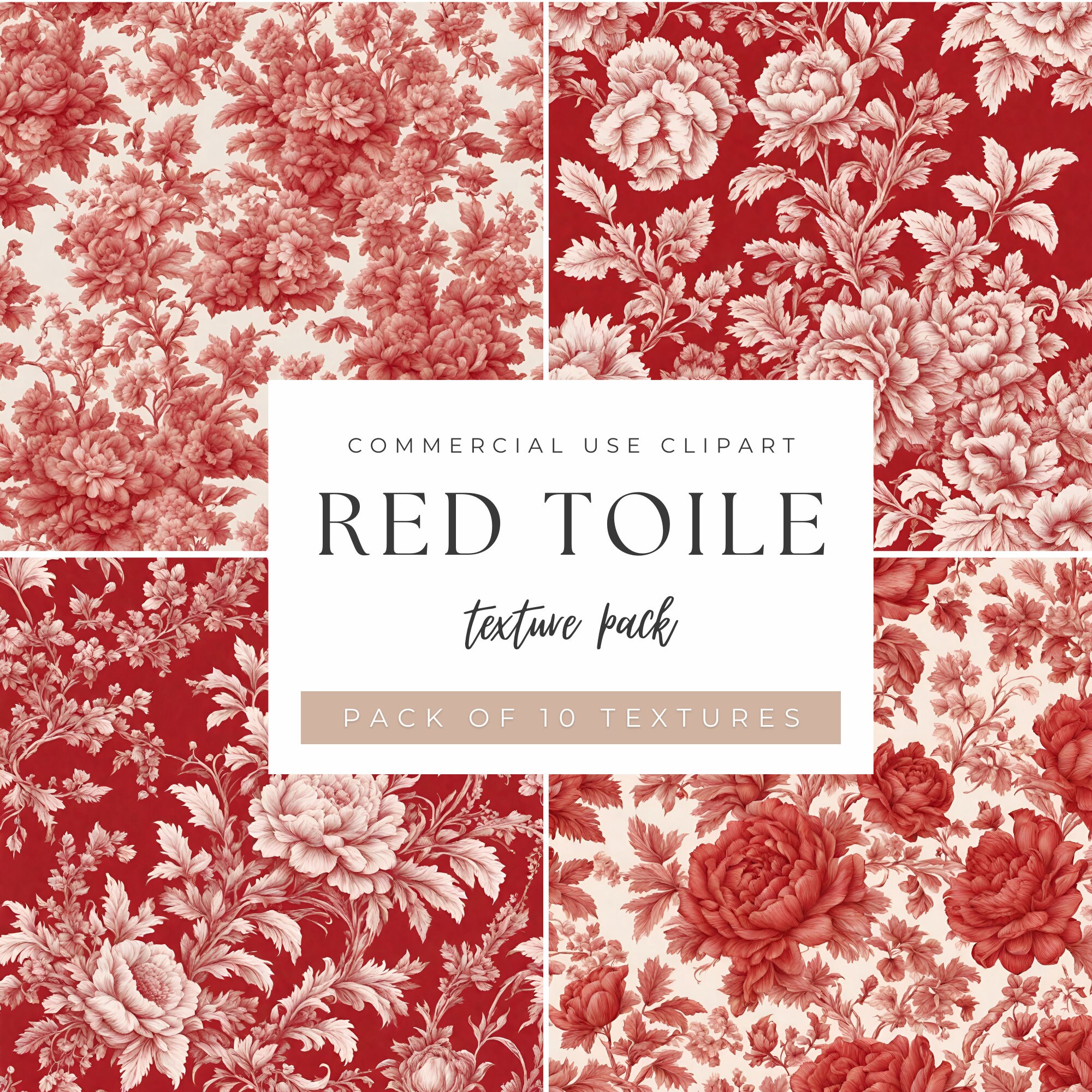 Red Toile Digital Paper Floral Printable Paper Set Download Backgrounds ...