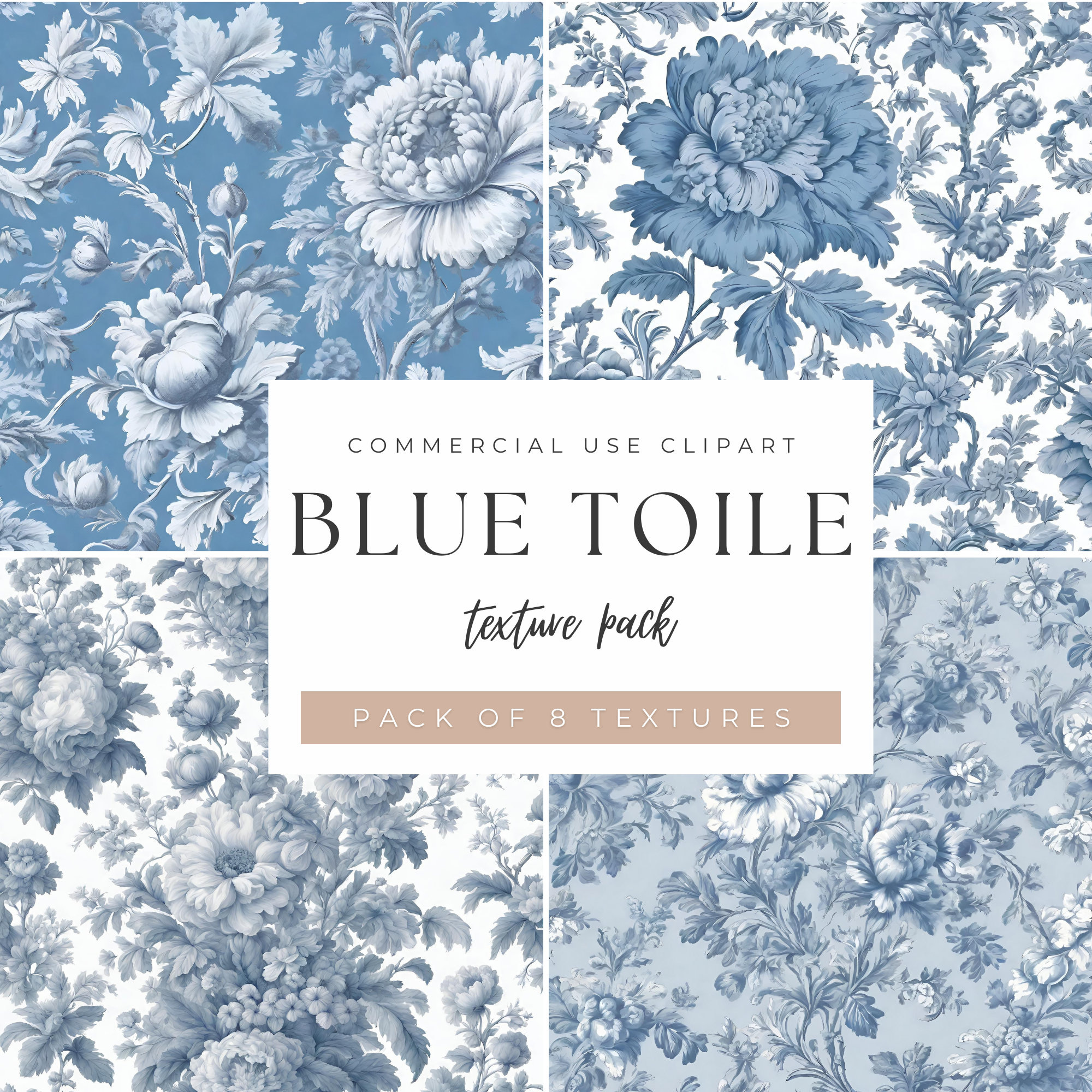 Blue Toile Digital Paper Floral Printable Paper Set Download ...