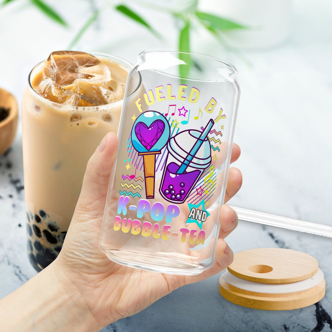 Kawaii Ice Coffee Boba Tea 16oz Glass Can, Straw & Bamboo Lid, Fueled ...