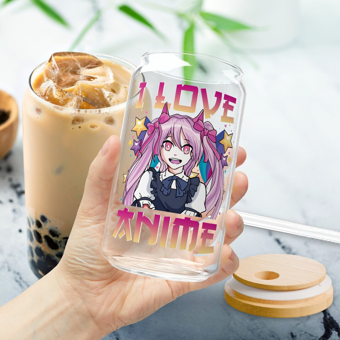 I Love Anime Colorful Design Boba Tea 16oz Sipper Glass Can With Bamboo ...