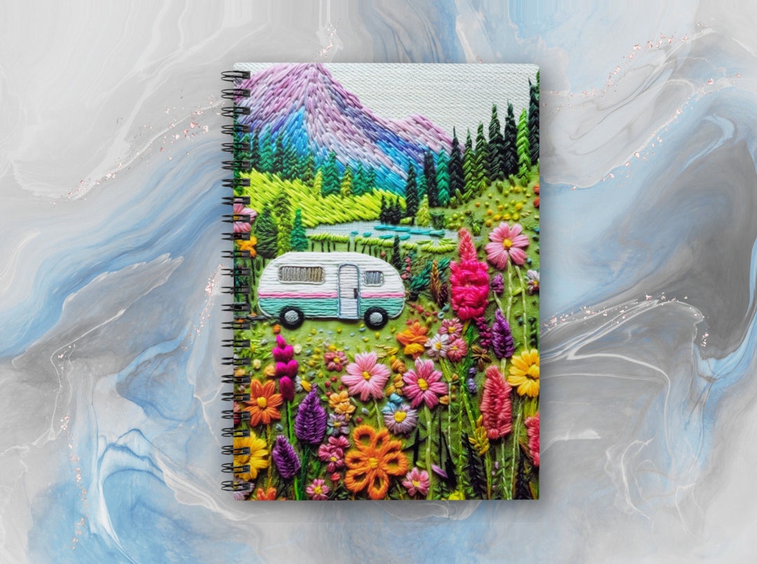 Colorful Mountain Landscape Spiral Notebook, Artistic Embroidered Style ...
