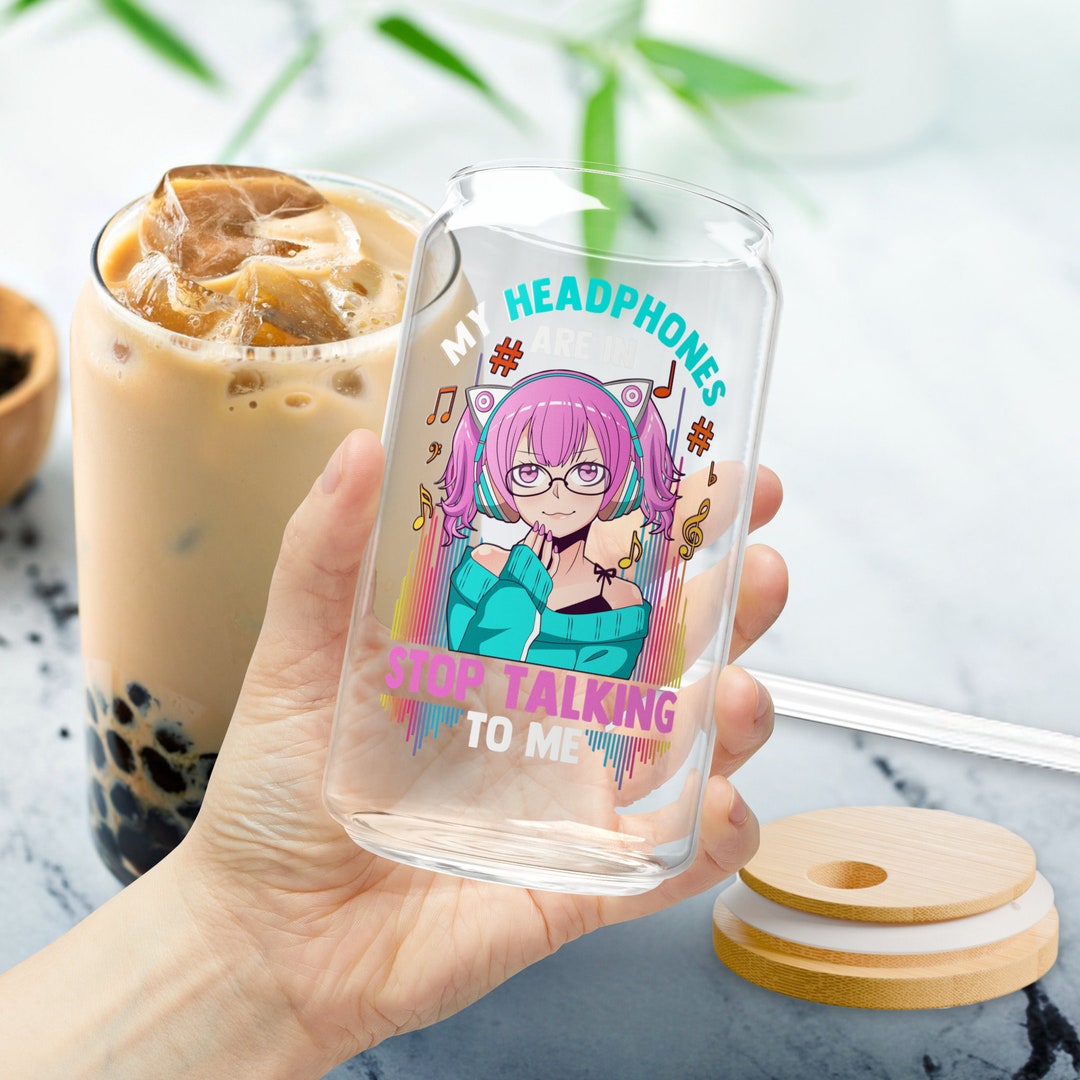 Kawaii Anime Cat Girl Headphones 16oz Sipper Glass Can With Lid & Straw ...