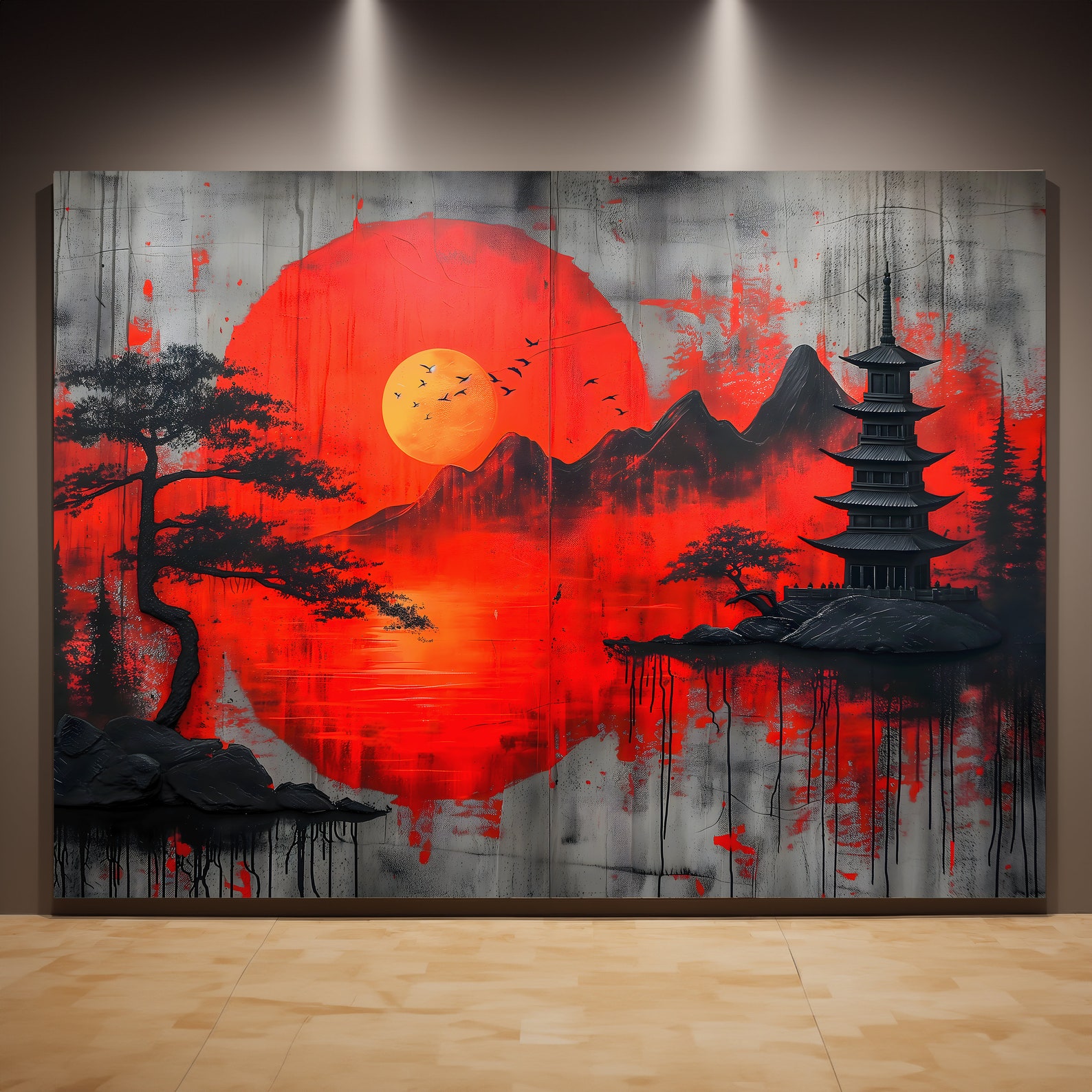 Extra Large Japandi Canvas Print, Red Japanese Landscape Painting - Etsy
