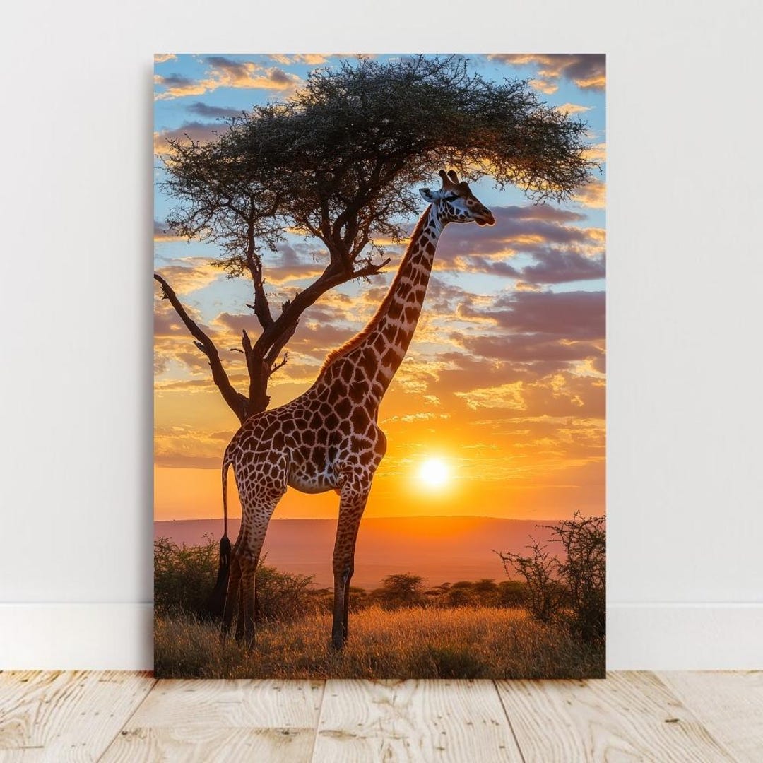 3D African Nature Giraffe Wall Art, Bonsai Tree Landscape Custom Oil ...