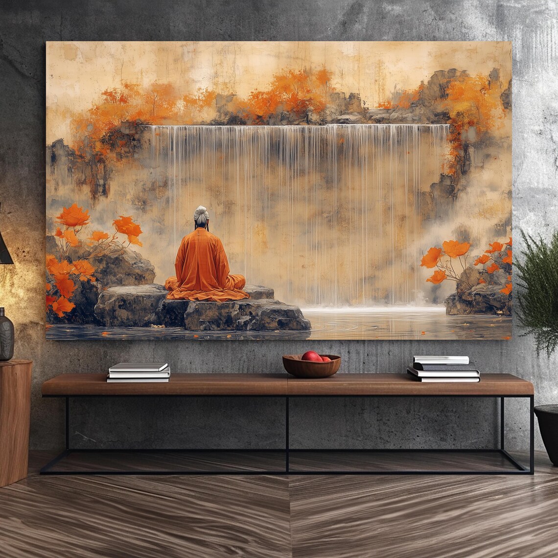 Japandi Waterfall Monk Canvas Wall Art | Autumn Zen Garden | Meditation ...
