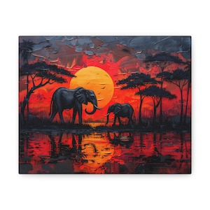 African Elephant Sunset Canvas Print, Textured Oil Painting - Etsy