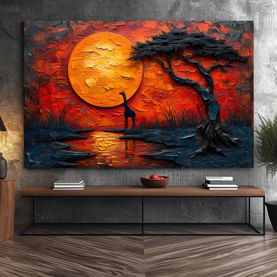 African Wall Art Canvas Print, Giraffe Oil Painting at Savana Sunset, African Landscape, Modern ...