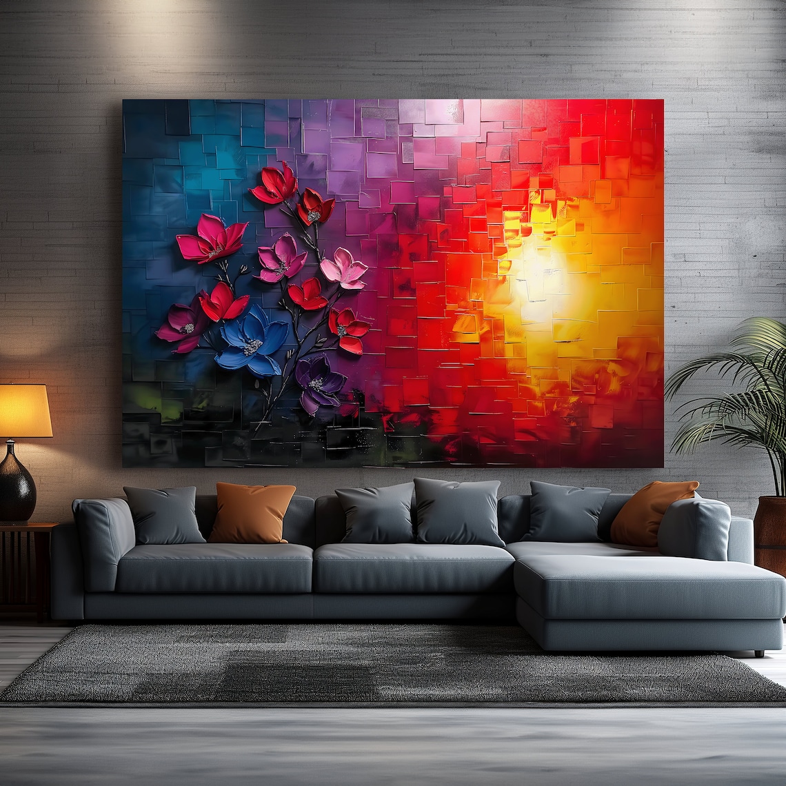Large Colorful Wall Art Impasto Painting Cubism Style Canvas Print ...