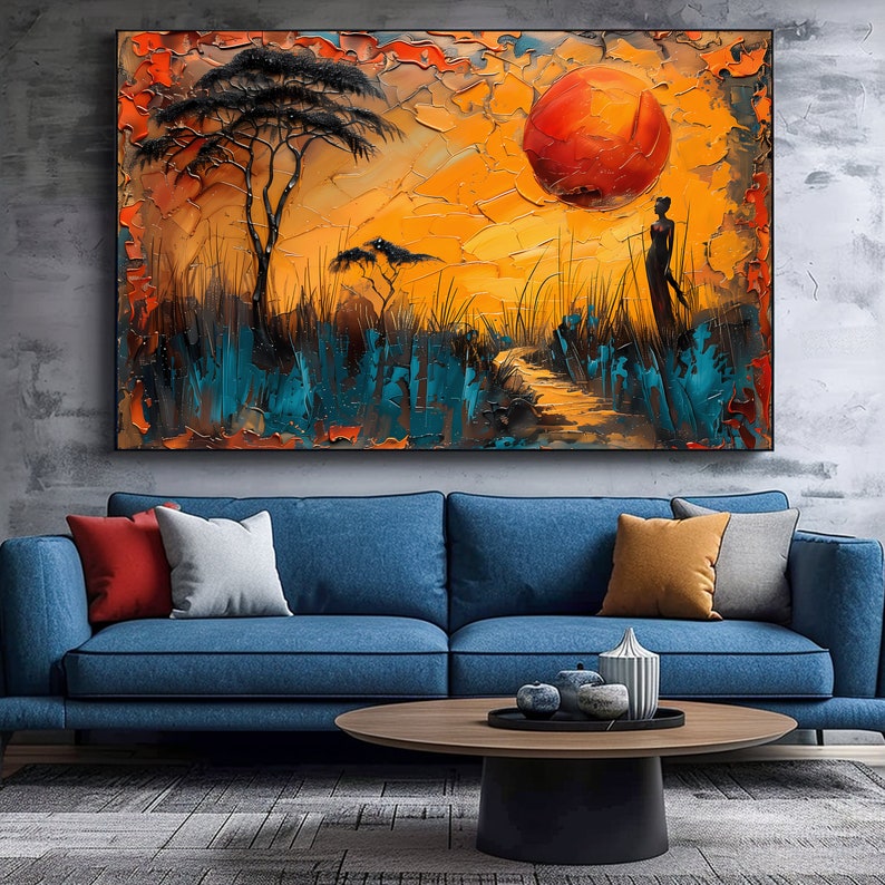 Textured African Sunset Canvas Print, Woman Silhouette Wall Art - Etsy