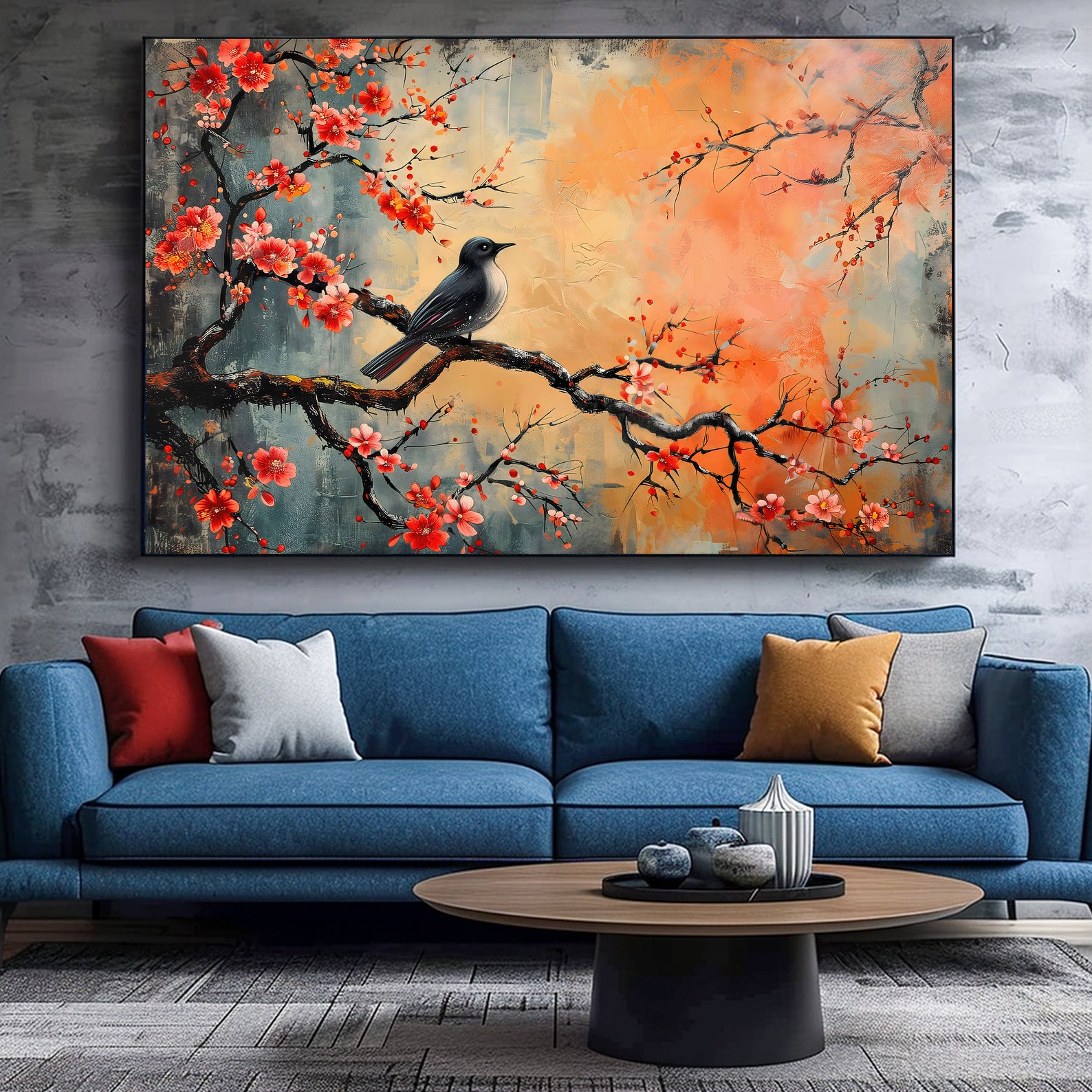 Wall Art Japandi Canvas Print, Japanese Oil Painting, Japandi Bird ...