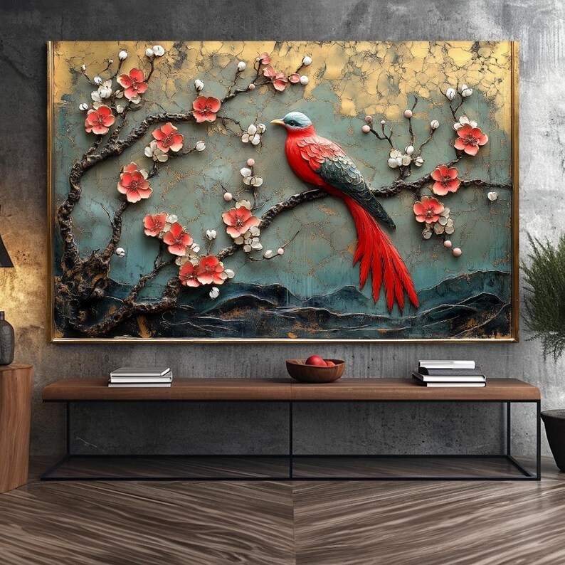 Red Bird Floral 3D Canvas Print – Nature Inspired Impasto Wall Art - Etsy
