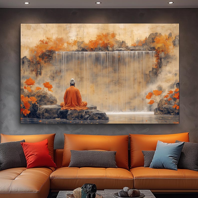 Japandi Waterfall Monk Canvas Wall Art | Autumn Zen Garden | Meditation ...