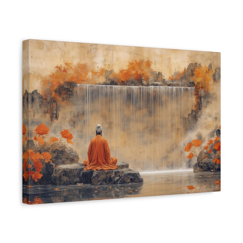 Japandi Waterfall Monk Canvas Wall Art | Autumn Zen Garden | Meditation ...