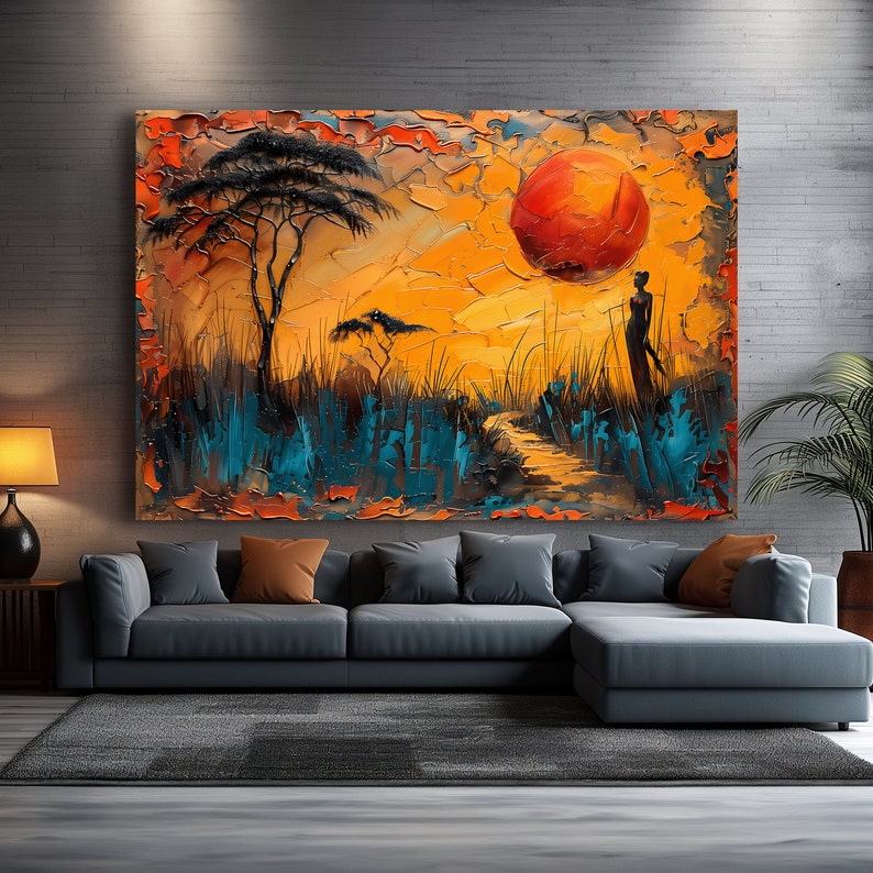 Textured African Sunset Canvas Print, Woman Silhouette Wall Art - Etsy